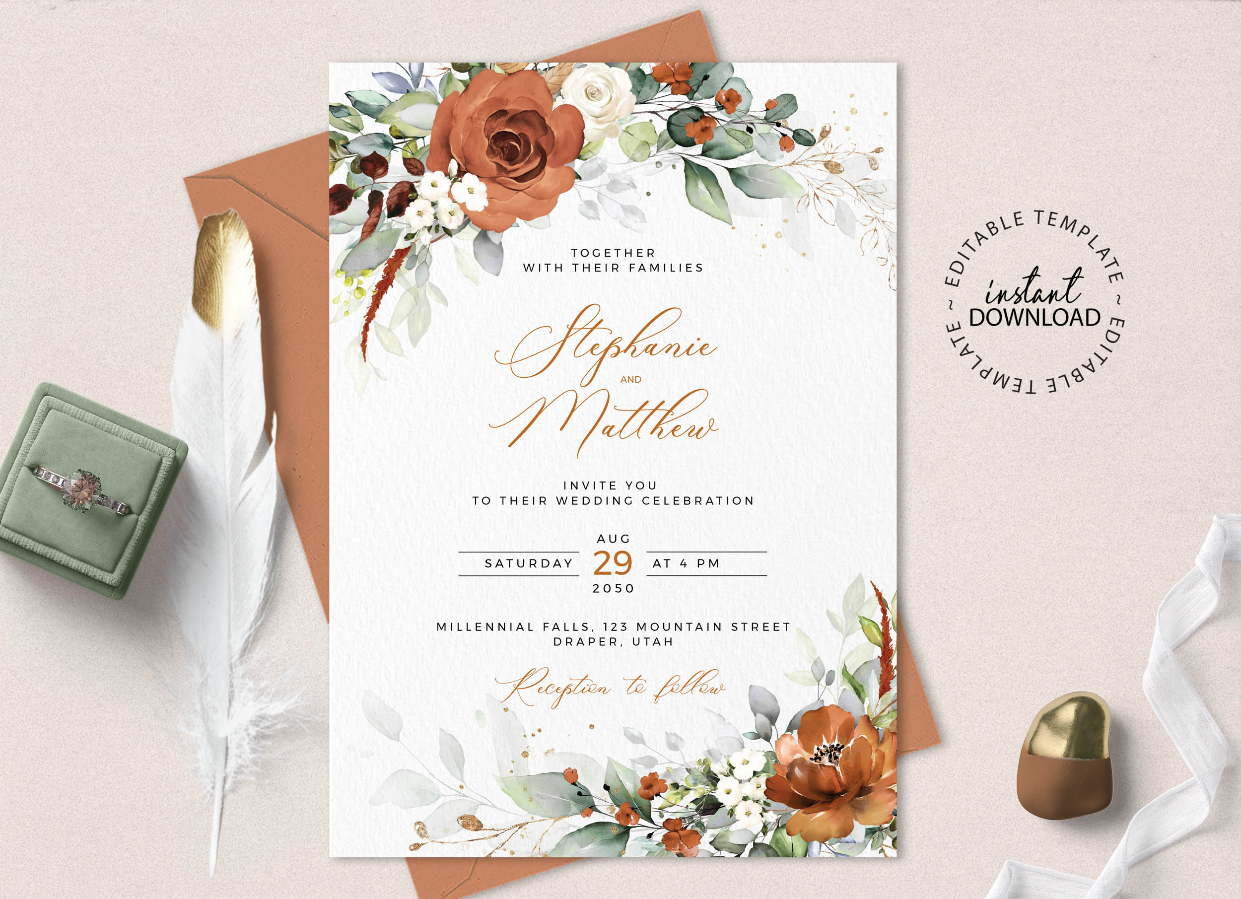 LYRA - Editable Burnt Orange Wedding Invitation Template, INSTANT ...