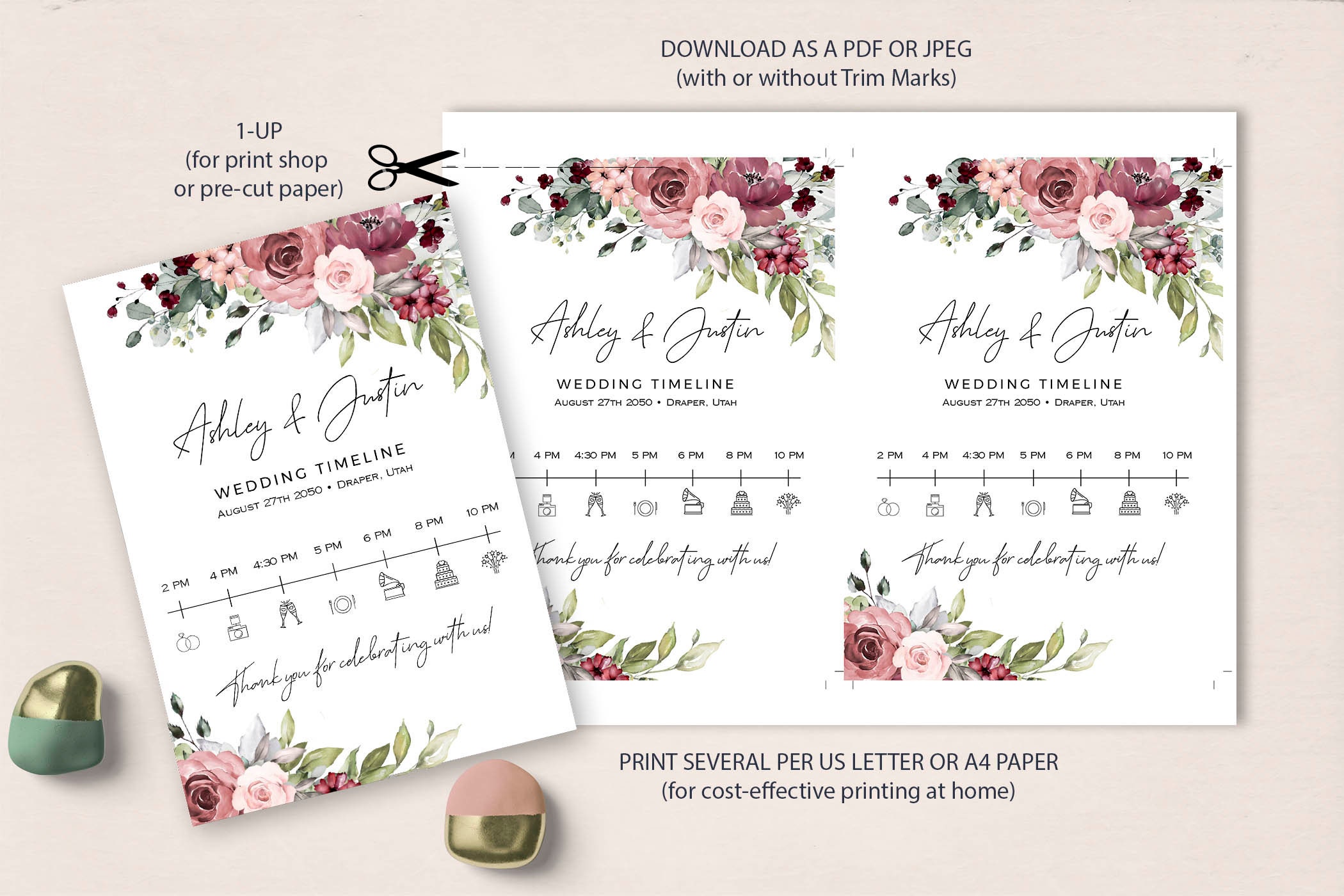 Editable Floral Wedding Timeline Template, INSTANT DOWNLOAD, Dark Rose ...