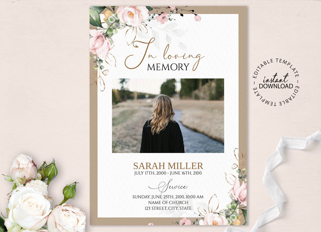 Editable Women's Obituary Template, INSTANT DOWNLOAD, Pale Rose Floral ...
