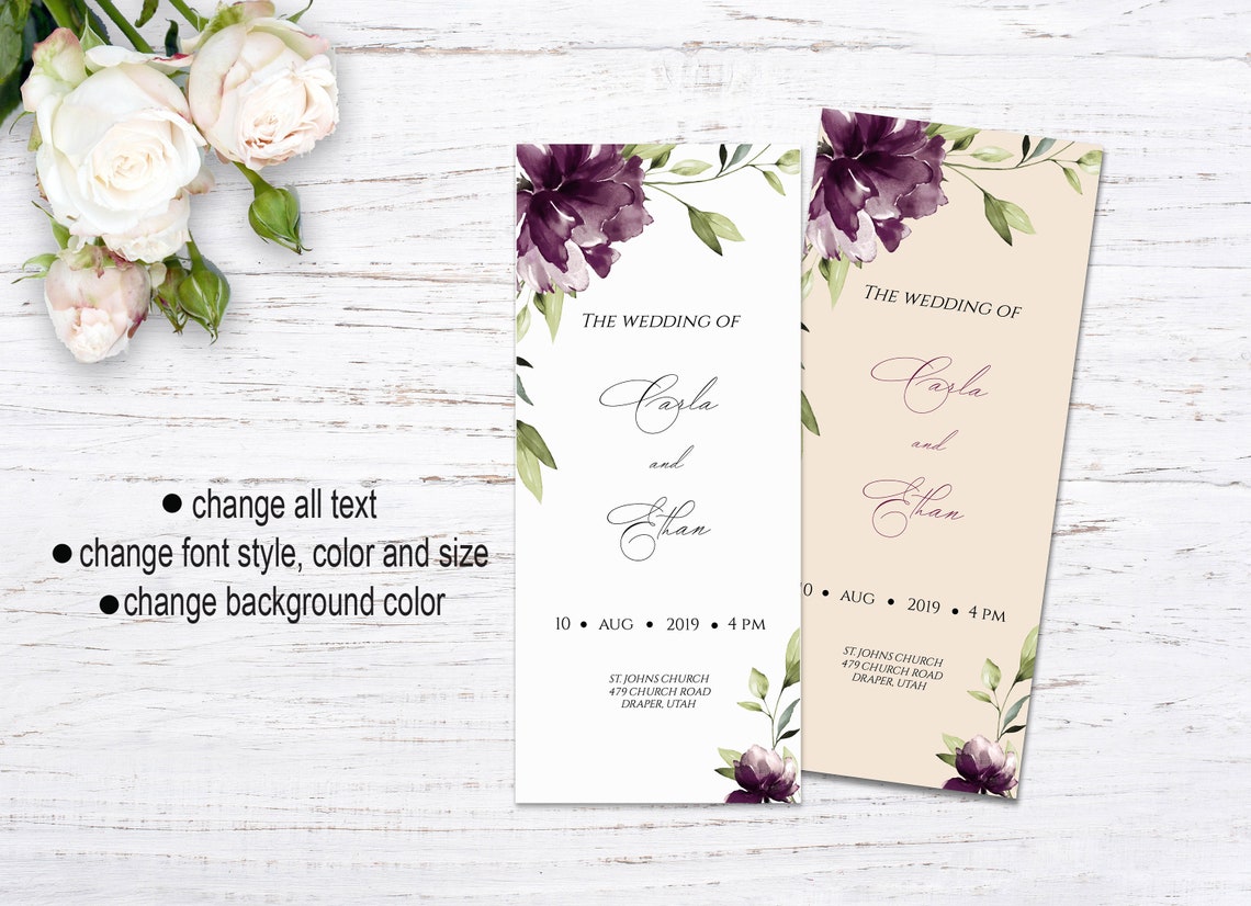 Purple Flowers Trifold Wedding Program Editable Template - Etsy