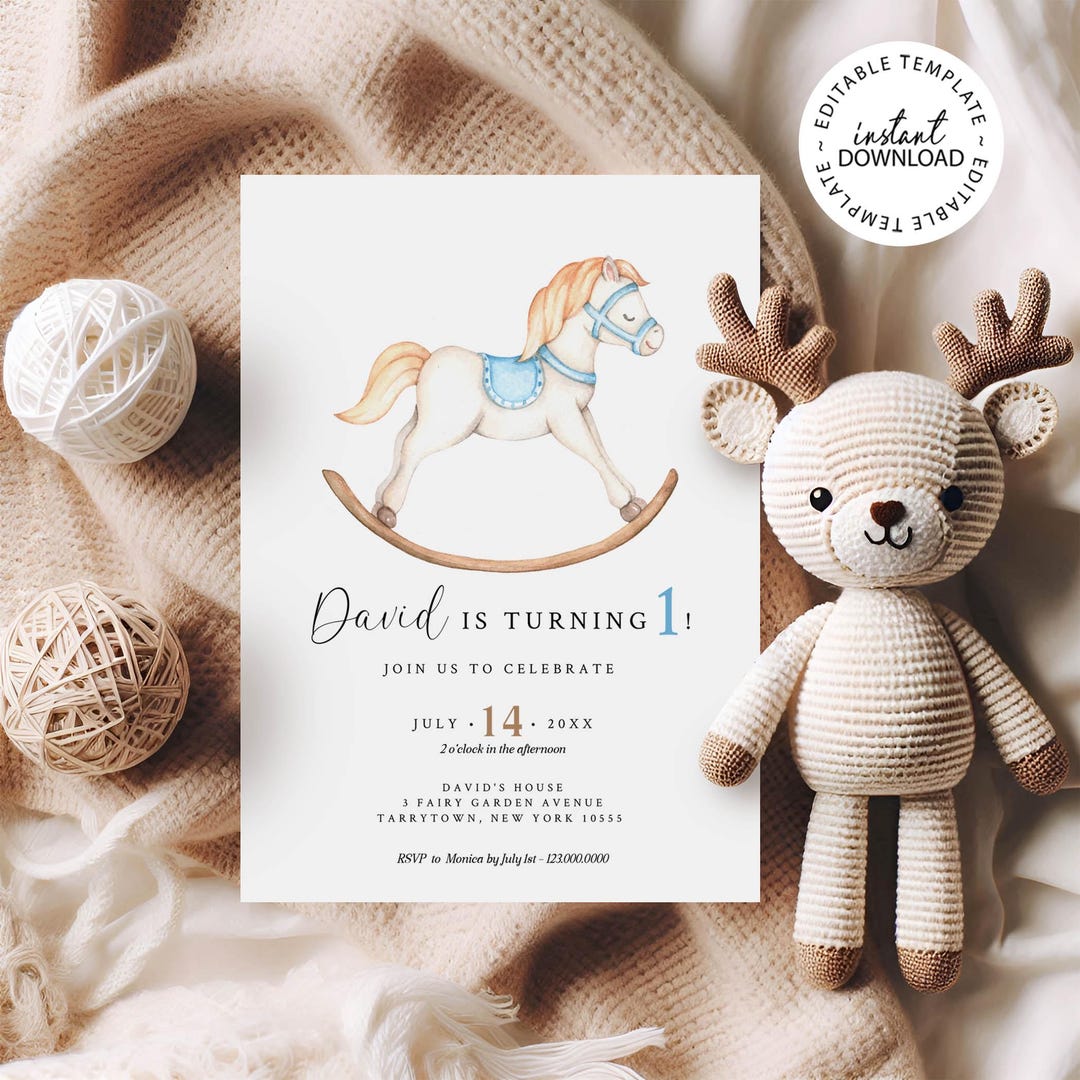 Rocking Horse Boy Birthday Invitation, Editable Boy Party Invites ...