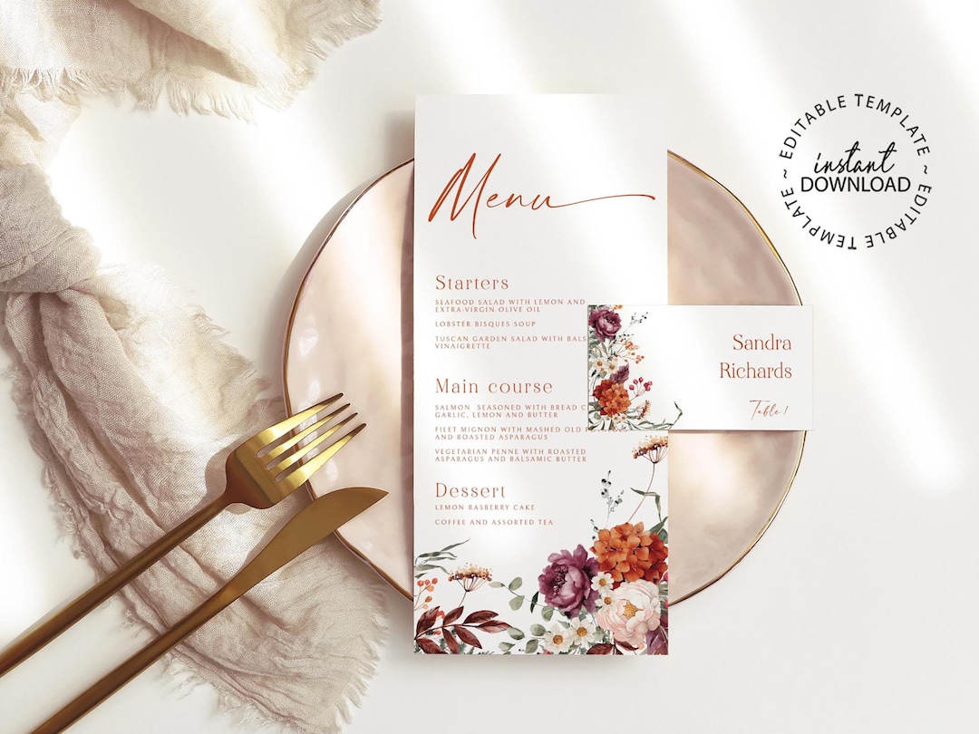 Editable Orange Floral Wedding Menu Template, Fall Wedding Table Menus ...