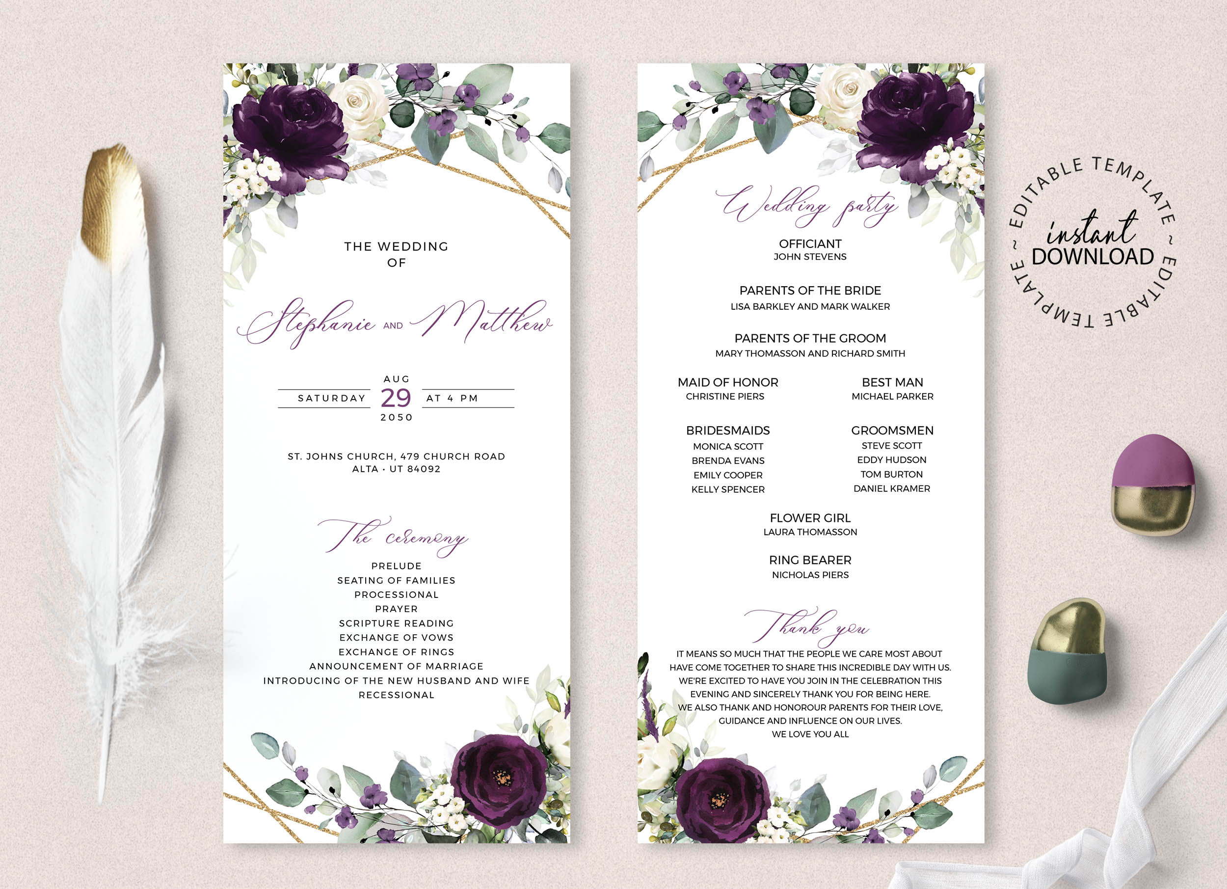 Editable Floral Wedding Program Template INSTANT DOWNLOAD | Etsy