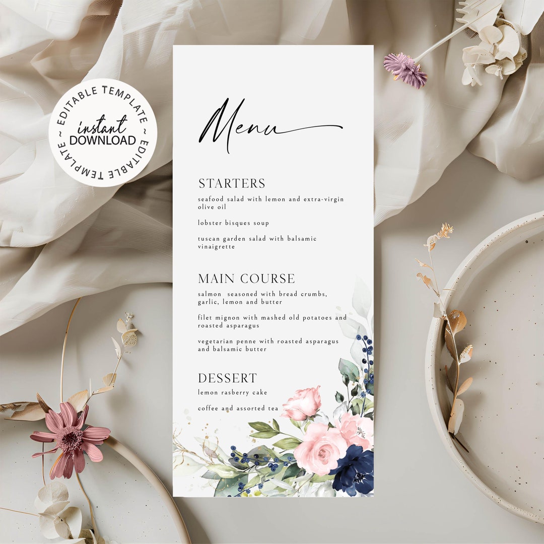 Blue and Pink Floral Menu Template, Editable Wedding Menu, INSTANT ...