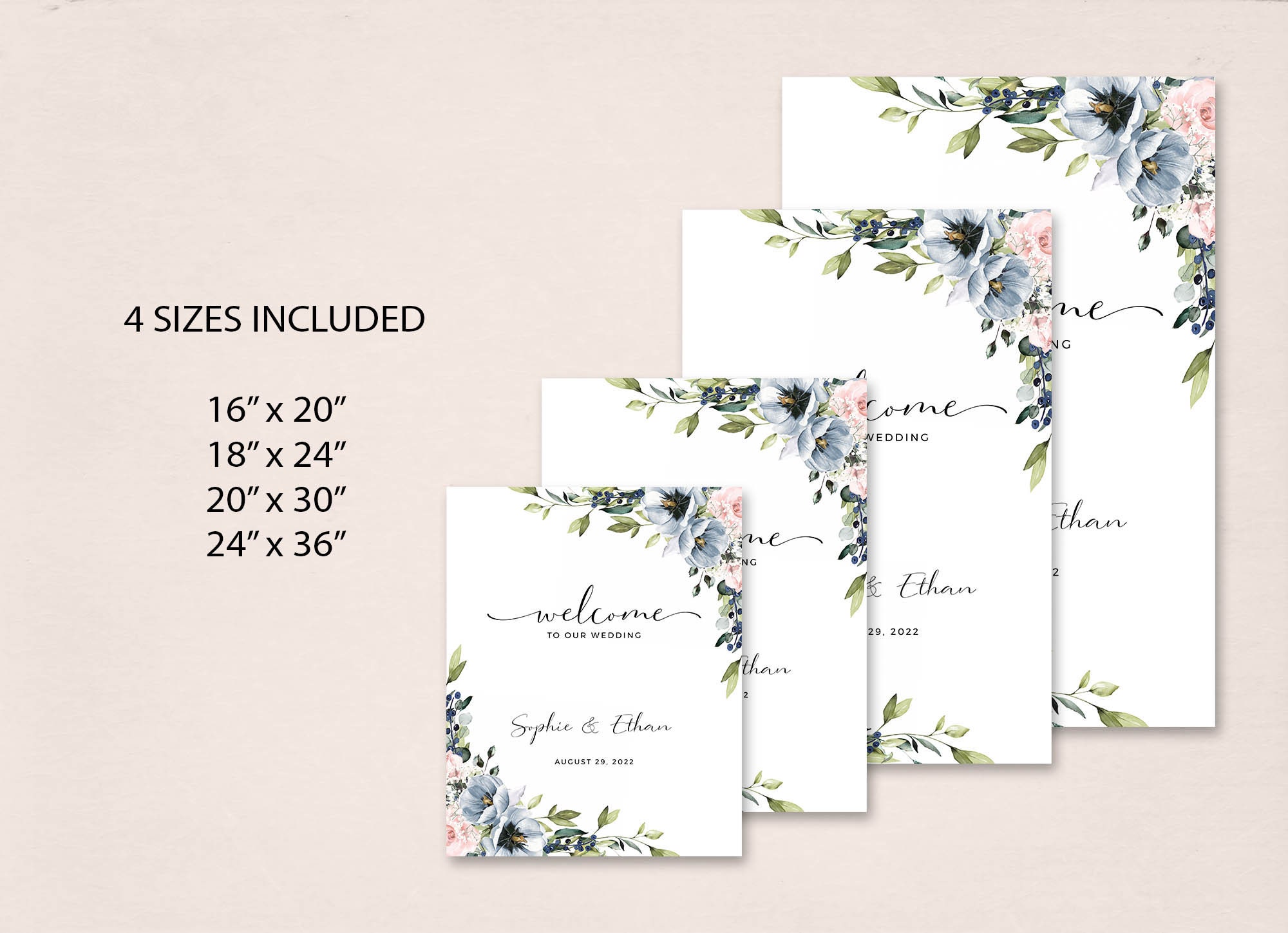 SERENE Editable Wedding Welcome Sign Template Blue and Pink | Etsy