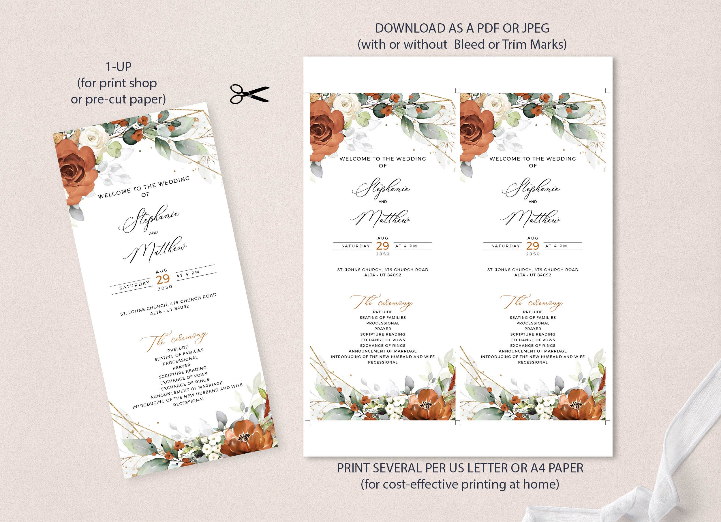 LYRA - Floral Wedding Program Template, INSTANT DOWNLOAD, Burnt Orange ...