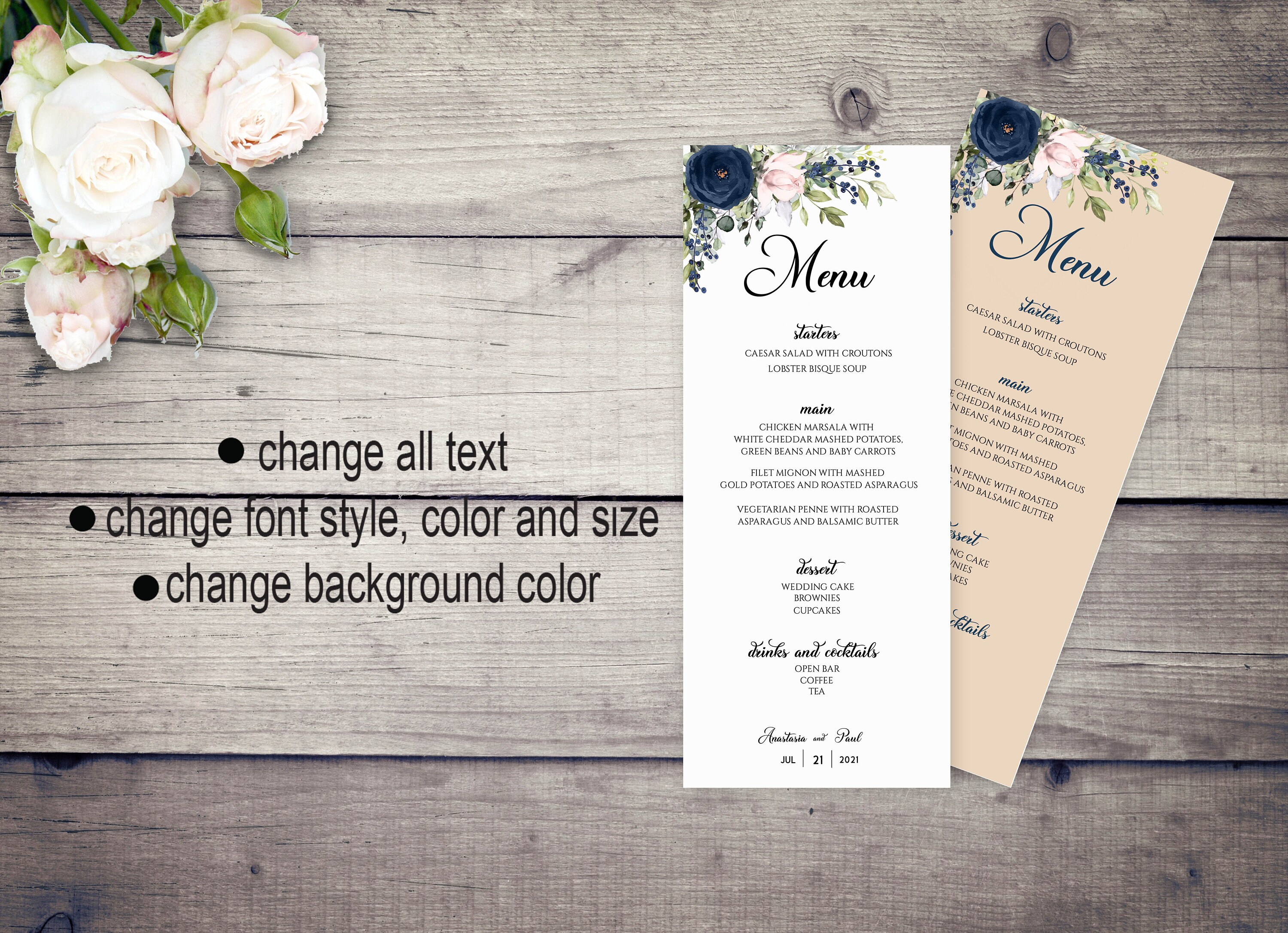 Editable Floral Menu Template, INSTANT DOWNLOAD, Navy and Blush Floral ...