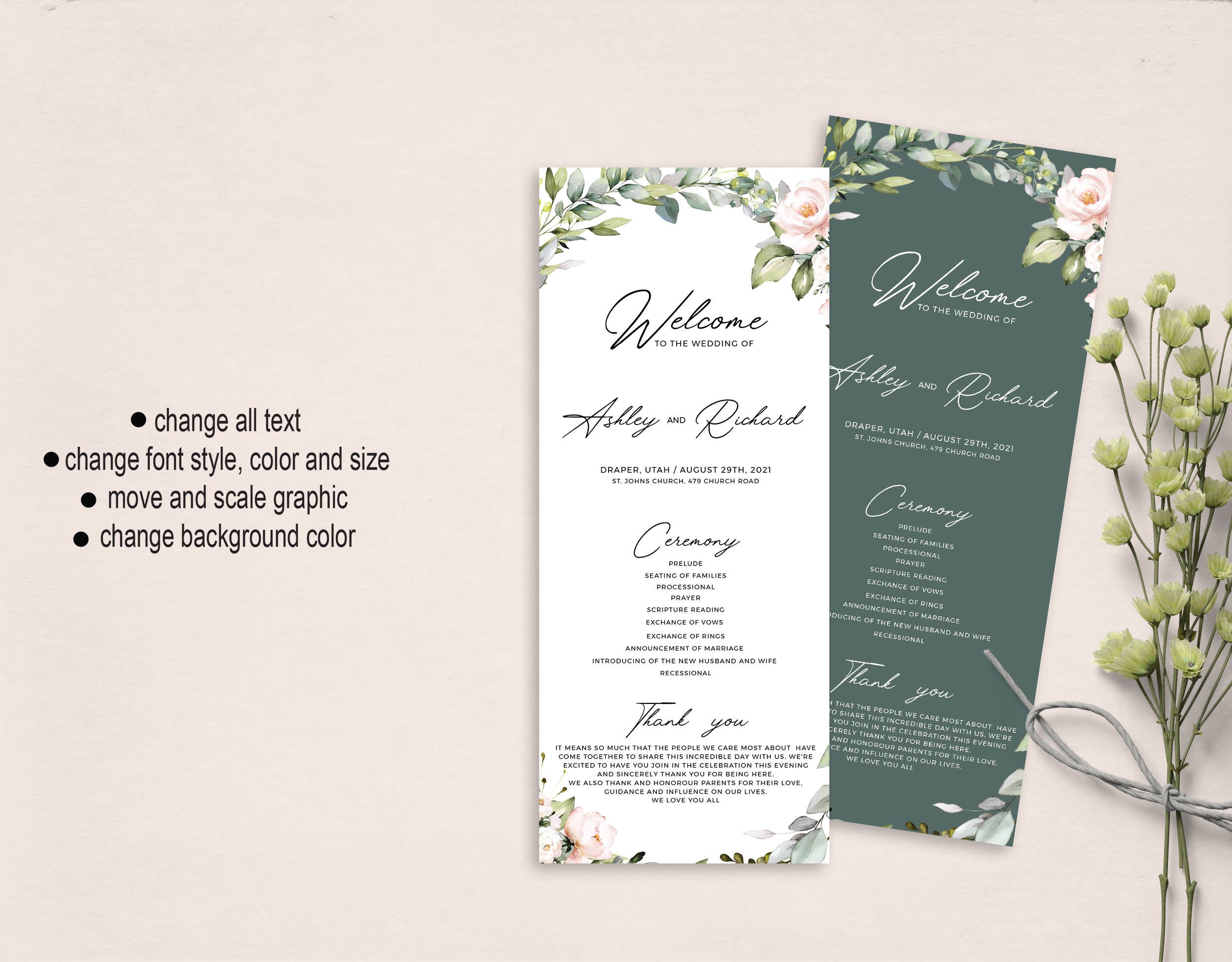 EDEN Blush Floral Wedding Program Editable Template INSTANT - Etsy