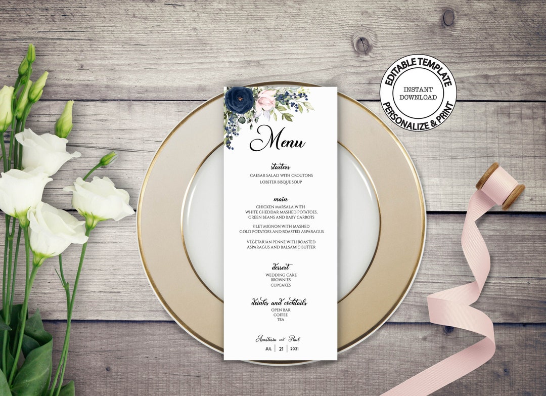 Editable Floral Menu Template, INSTANT DOWNLOAD, Navy and Blush Floral ...