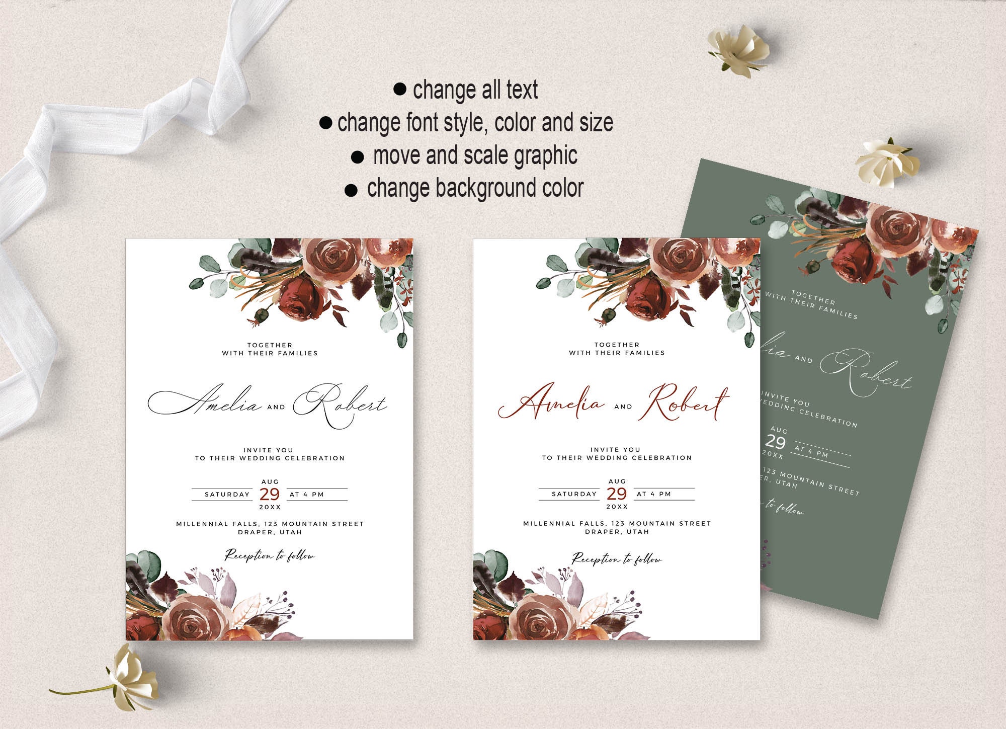 Burnt Orange Wedding Invitation Rust Floral Wedding Invite - Etsy