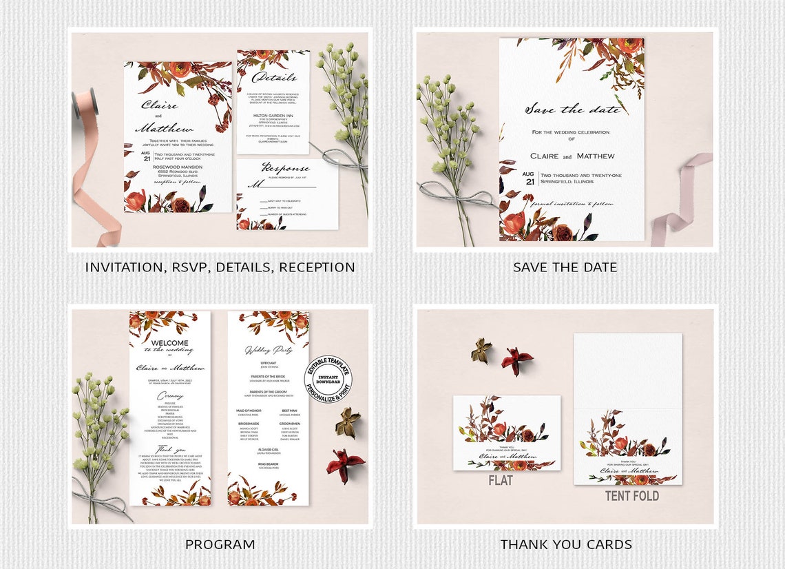 Fall Wedding Invitation Template Collection Editable Wedding - Etsy