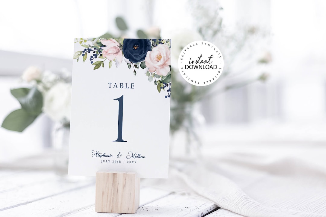 Editable Floral Wedding Table Number Template, Blush Pink and Navy Blue ...