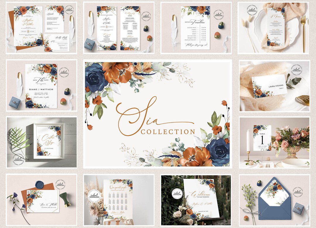 SIA - Burnt Orange and Blue Wedding Invitation Collection, INSTANT ...