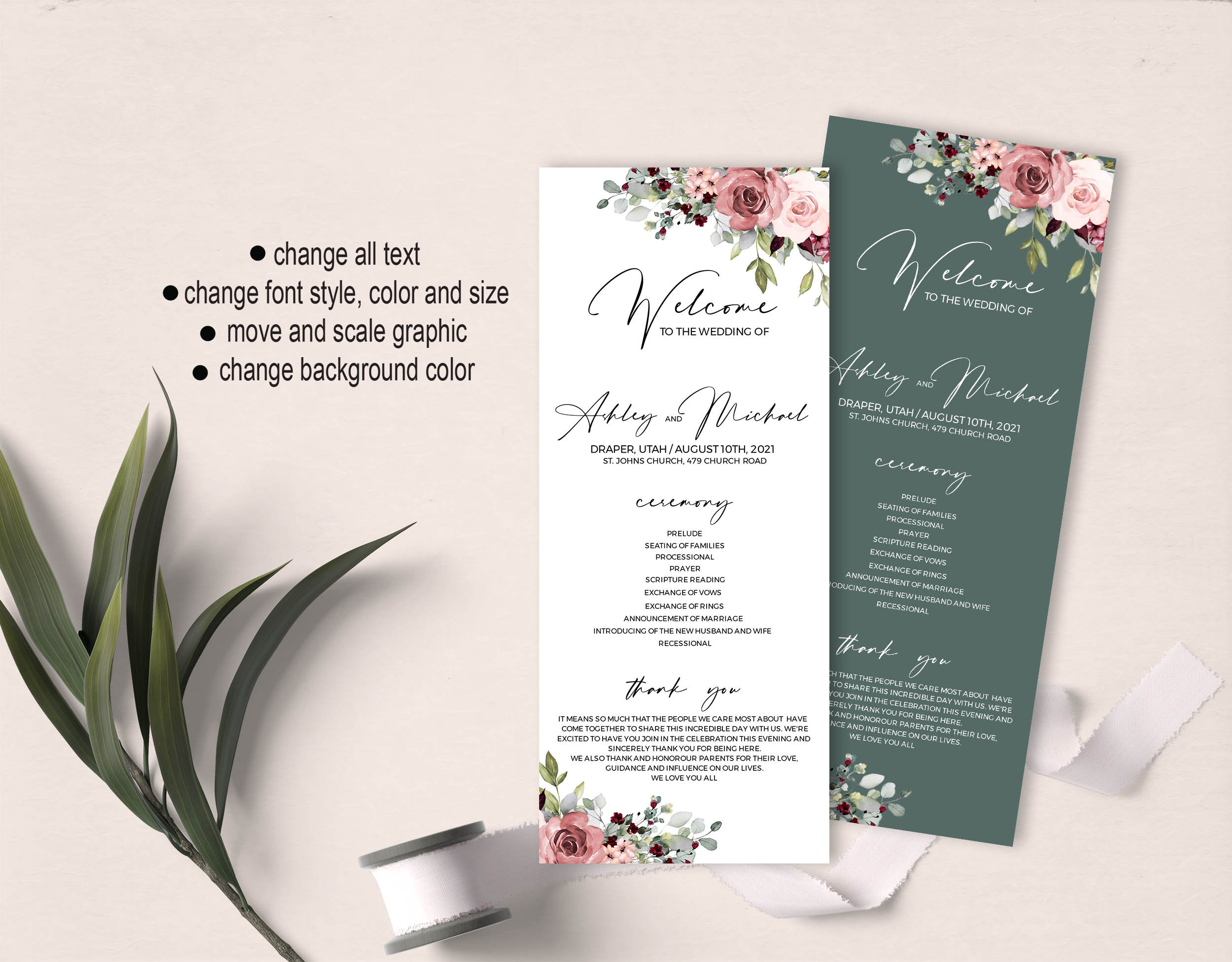 THEA Editable Floral Wedding Program Template INSTANT - Etsy