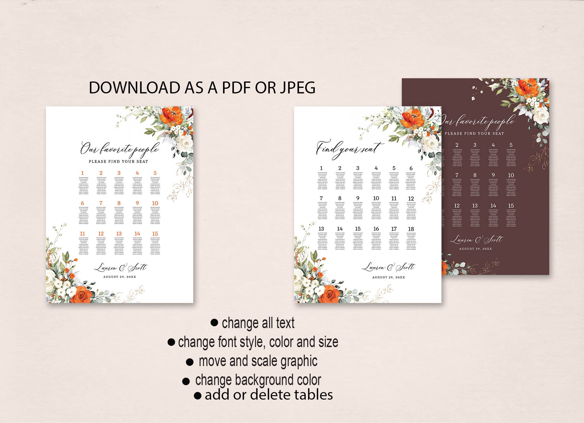 Editable Wedding Tables Plan, Orange and White Floral Seating Chart ...