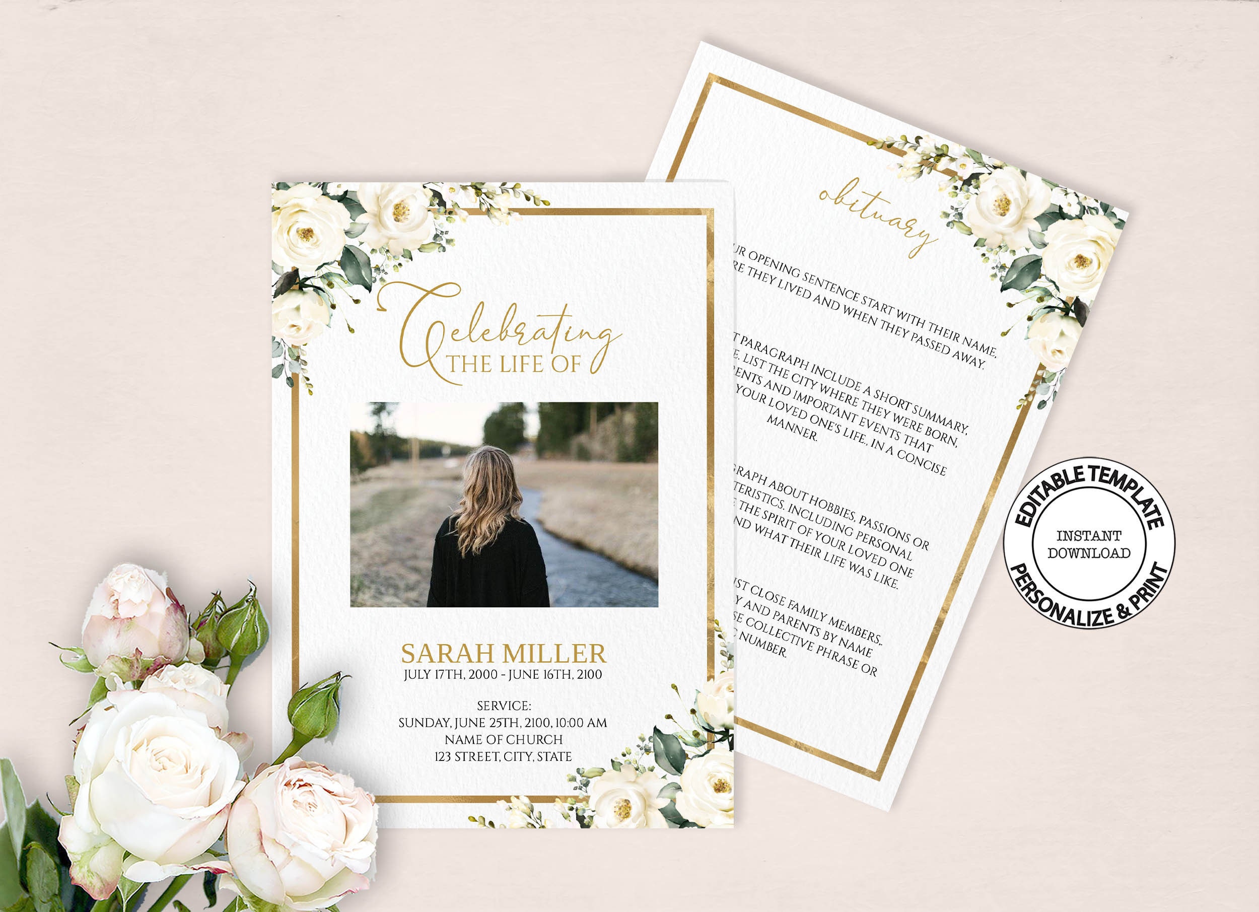 Editable Funeral Card Template INSTANT DOWNLOAD White Roses - Etsy