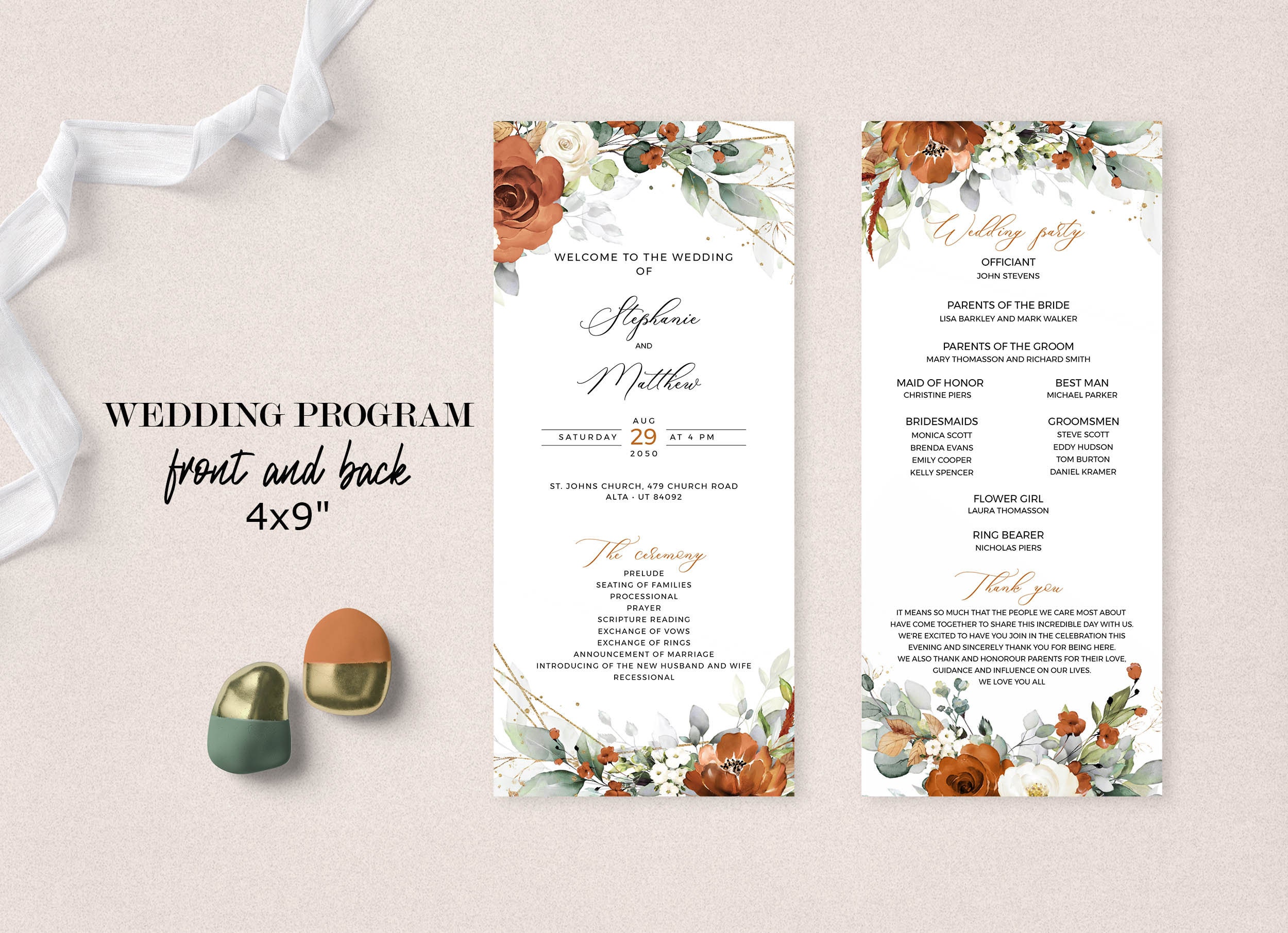 LYRA - Floral Wedding Program Template, INSTANT DOWNLOAD, Burnt Orange ...
