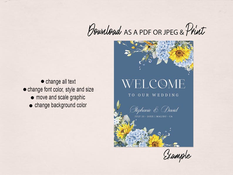 Sunflower and Blue Hydrangeas Wedding Welcome Sign Template, Editable ...