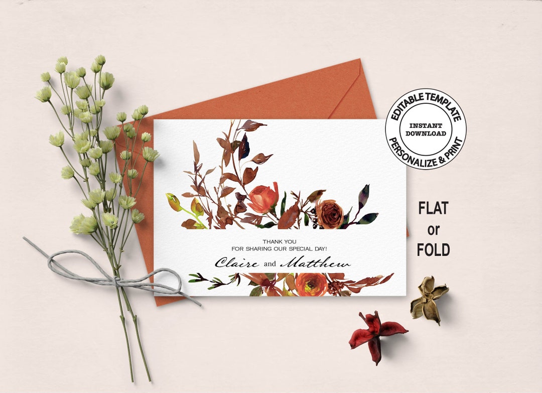 Editable Thank You Card Template, INSTANT DOWNLOAD, Flat or Fold Floral ...