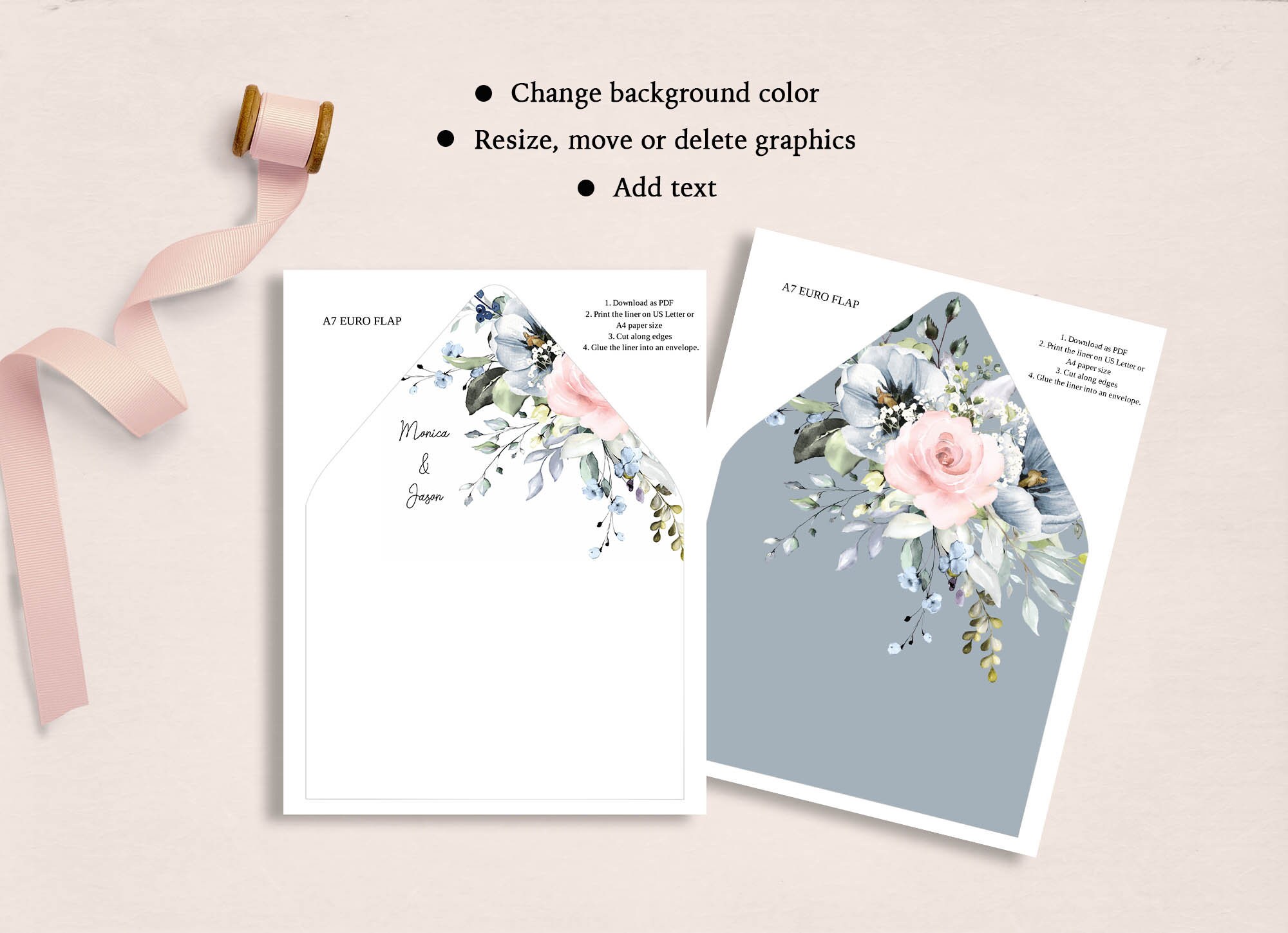 SERENE - Floral A7 Wedding Envelope Liner Template With Blue Flowers ...