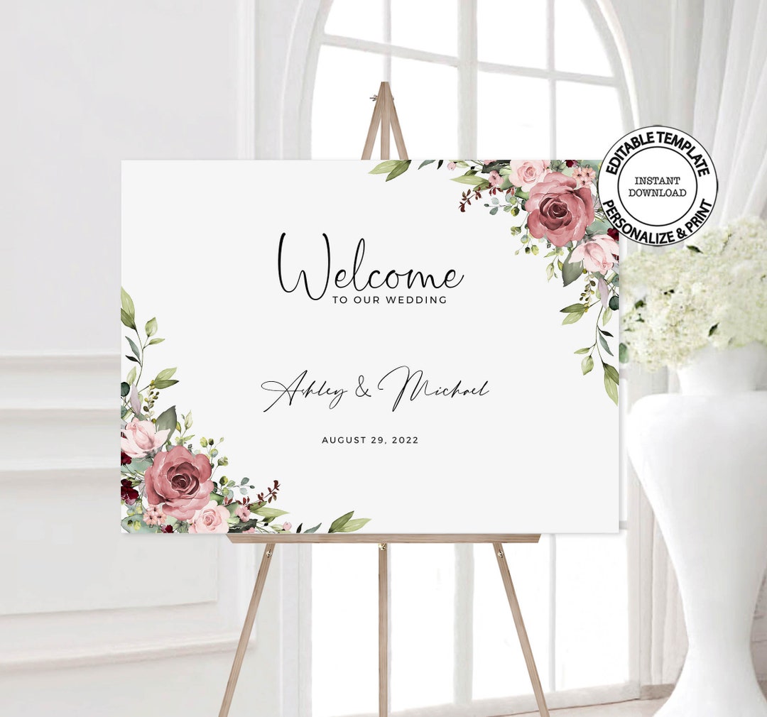 THEA - Editable Floral Wedding Welcome Sign Template, Blush Pink and ...