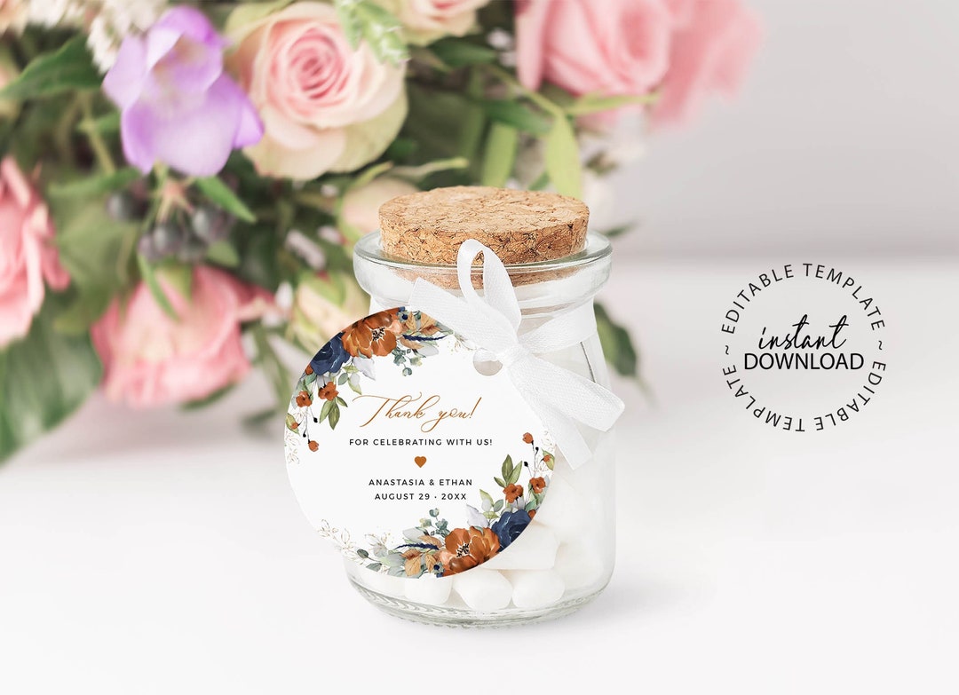 SIA - Editable Round Favor Tag Template, Floral Burnt Orange and Blue ...