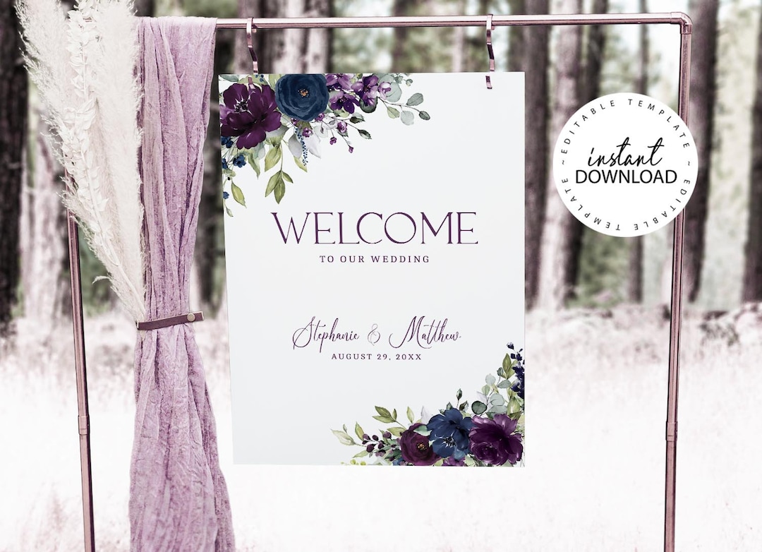 Editable Wedding Welcome Sign, INSTANT DOWNLOAD, Plum Purple and Blue ...