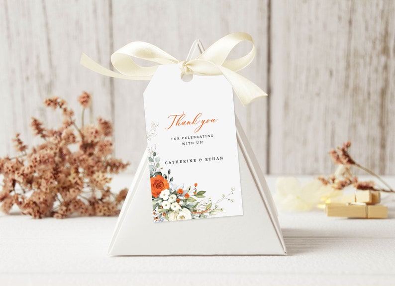 Editable Wedding Favor Tags, Orange Floral Thank You Labels, Square ...