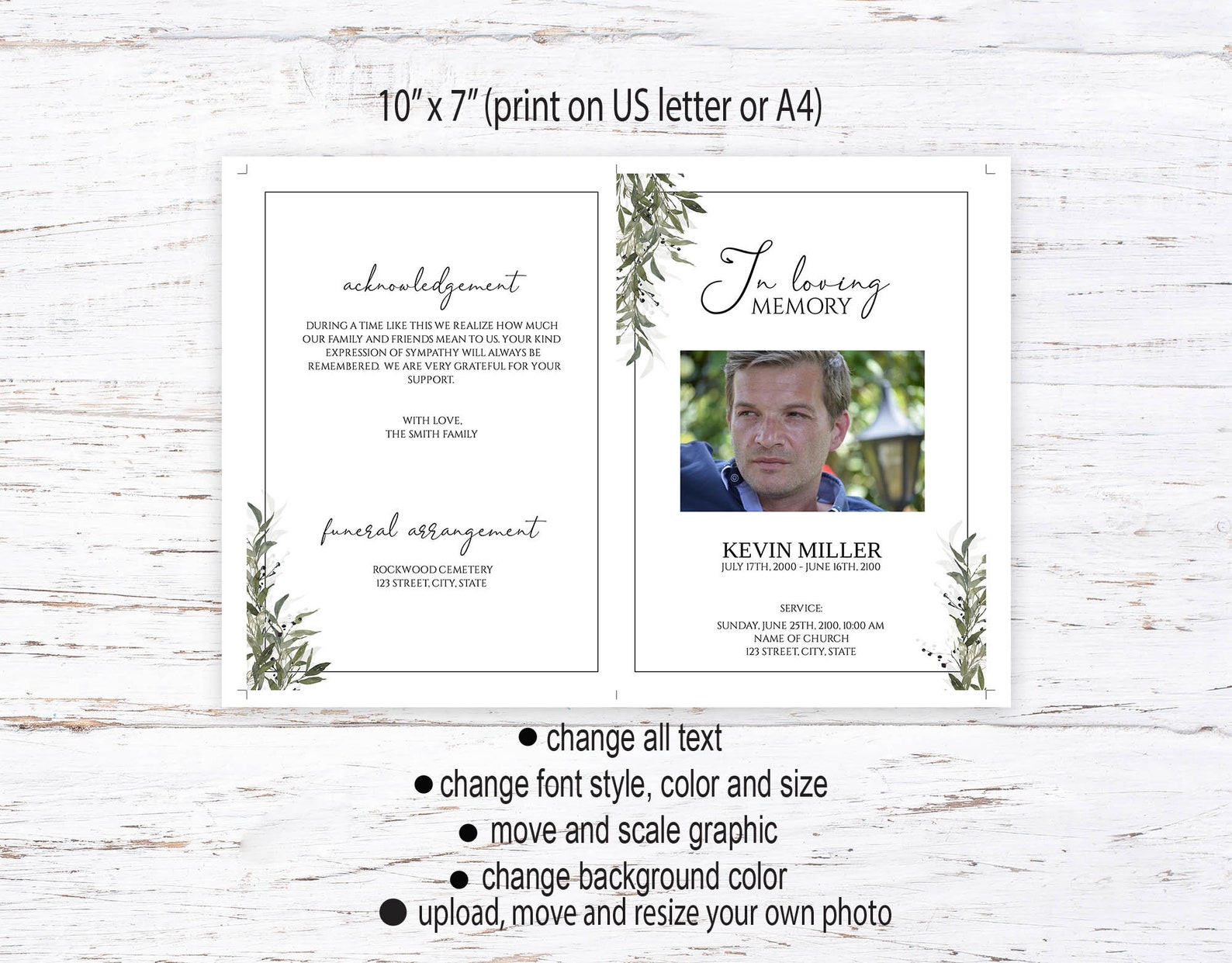 Editable Funeral Program Template INSTANT DOWNLOAD Greenery - Etsy