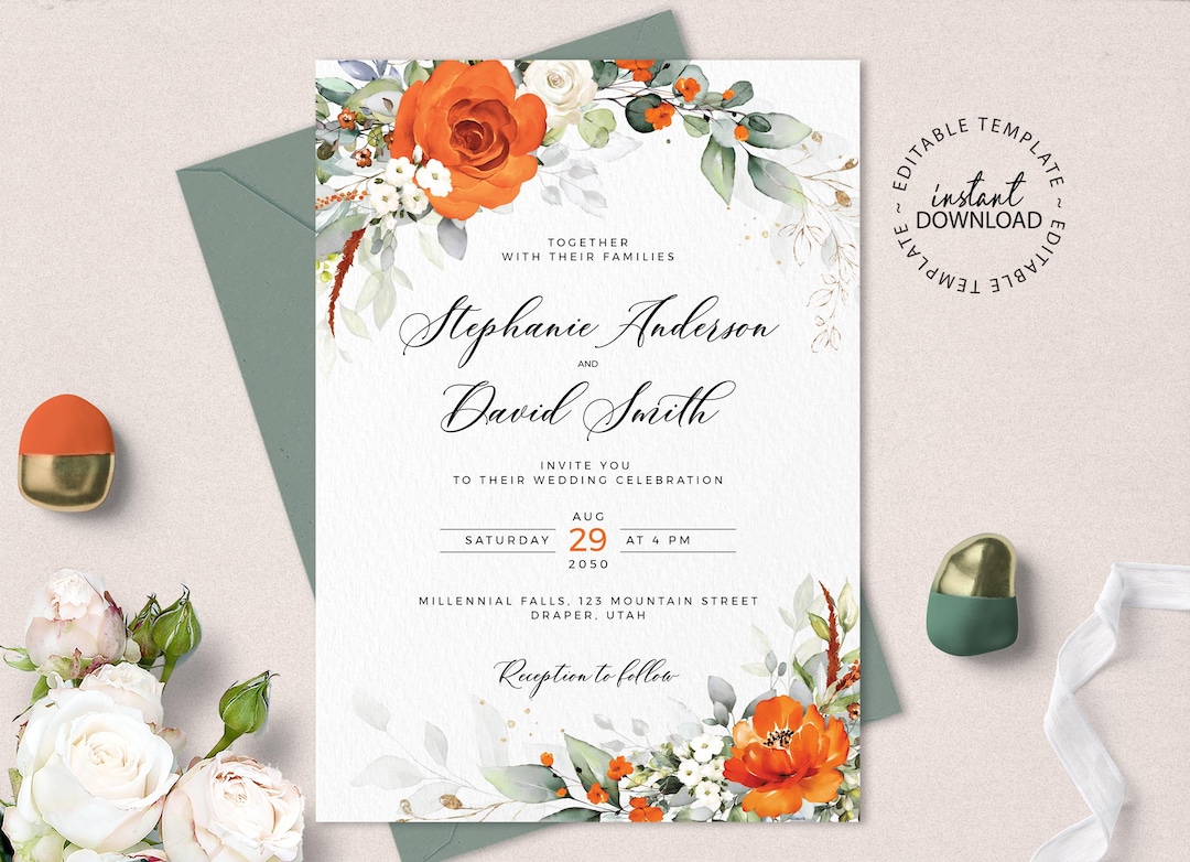 Editable Orange Wedding Invitation Template, INSTANT DOWNLOAD, Orange ...