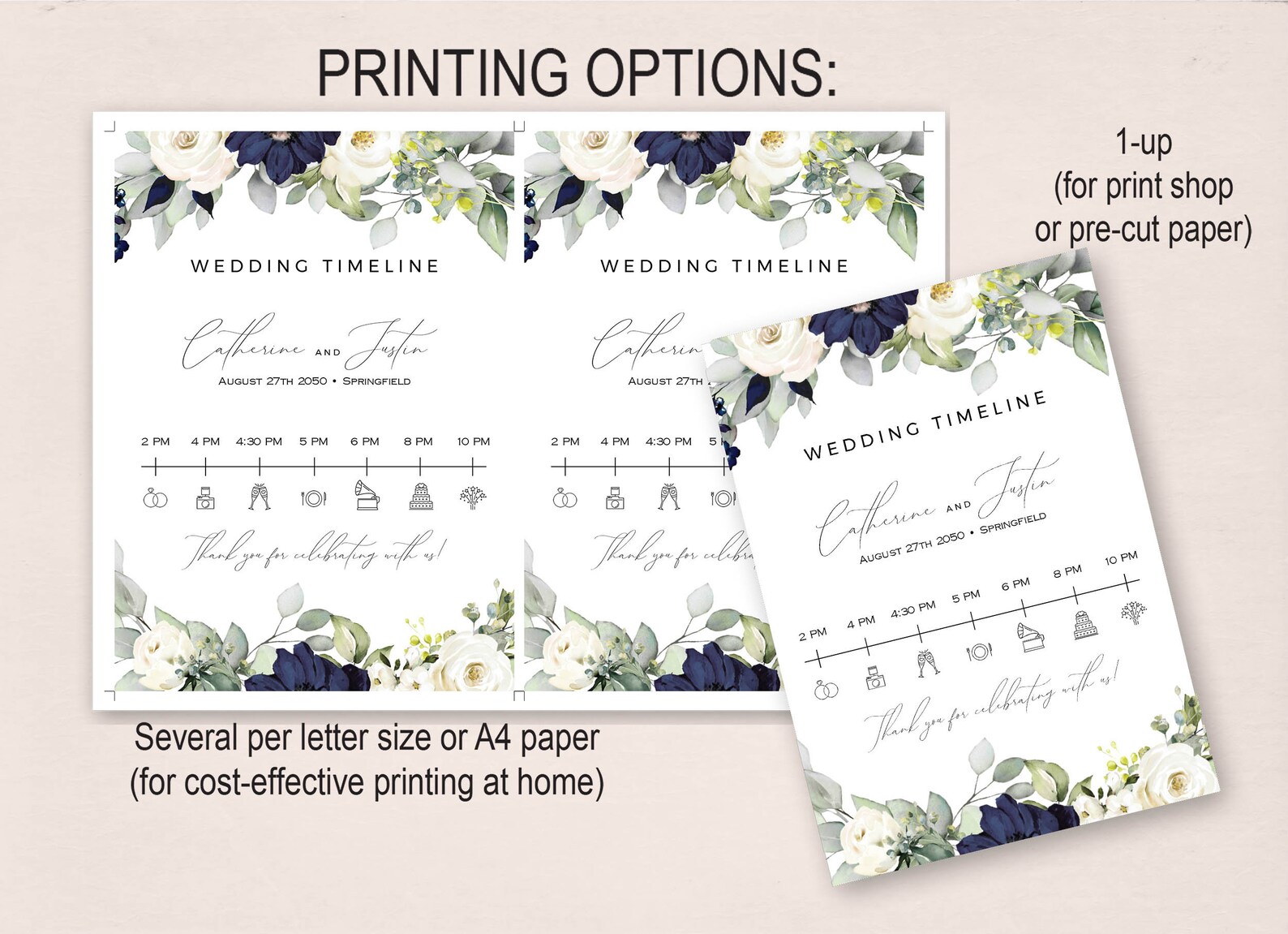 RHEA - Editable Navy Blue Floral Wedding Party Timeline, Printable ...