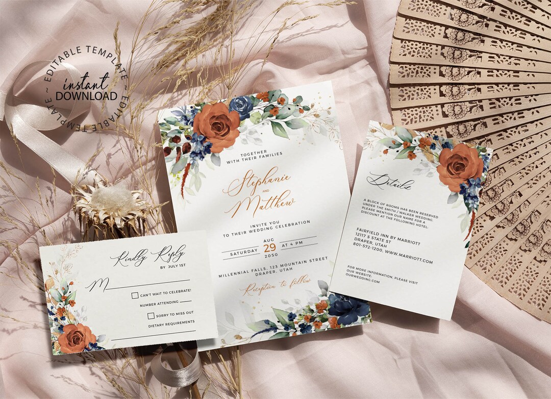 Editable Burnt Orange and Blue Wedding Invitation Set, INSTANT DOWNLOAD ...