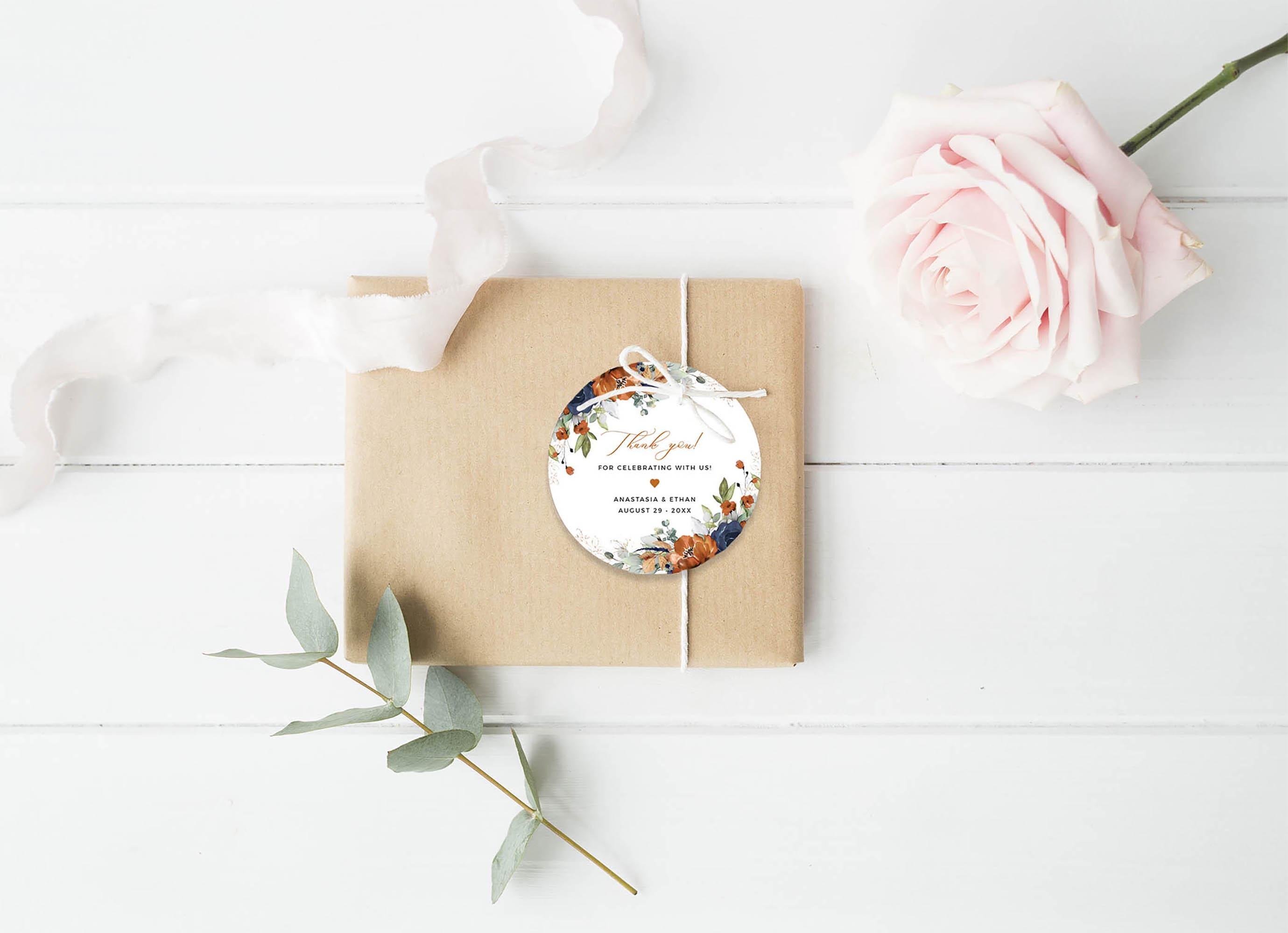 SIA - Editable Round Favor Tag Template, Floral Burnt Orange and Blue ...