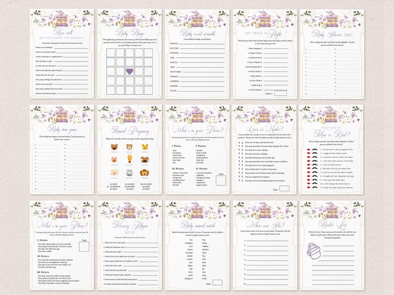 Baby Shower Games Bundle With Purple Flowers and Book Theme: Editable ...