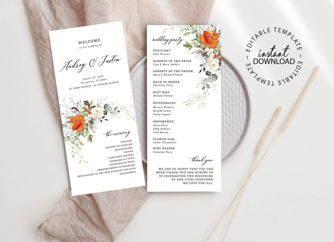 Floral Wedding Program Template, INSTANT DOWNLOAD, Orange and White ...