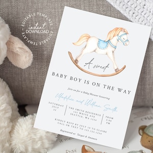 Rocking Horse Baby Shower Invitation, Editable Baby Boy Shower Invites ...