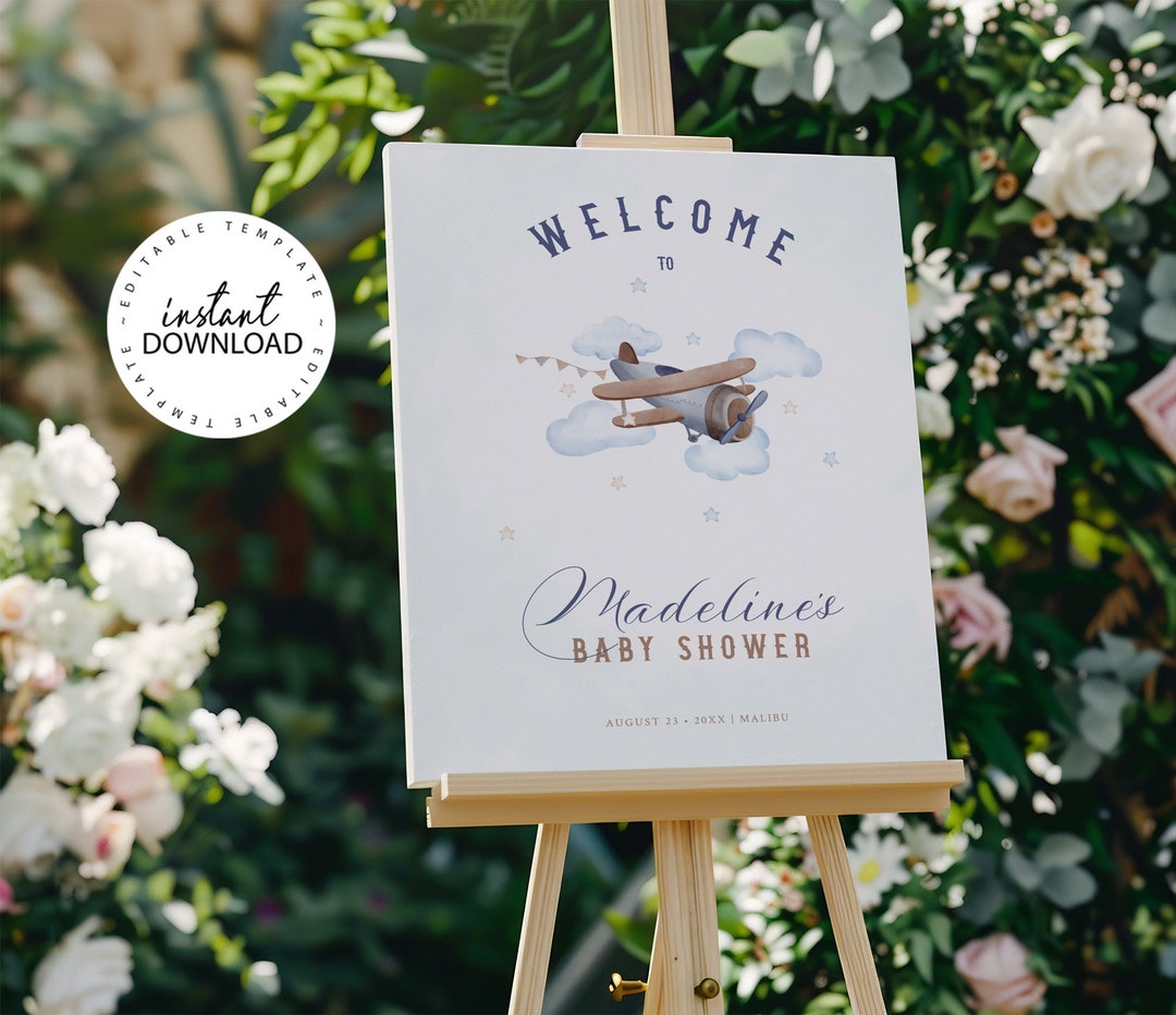 Editable Welcome Sign, Baby Shower Blue Airplane Welcome Sign Template ...