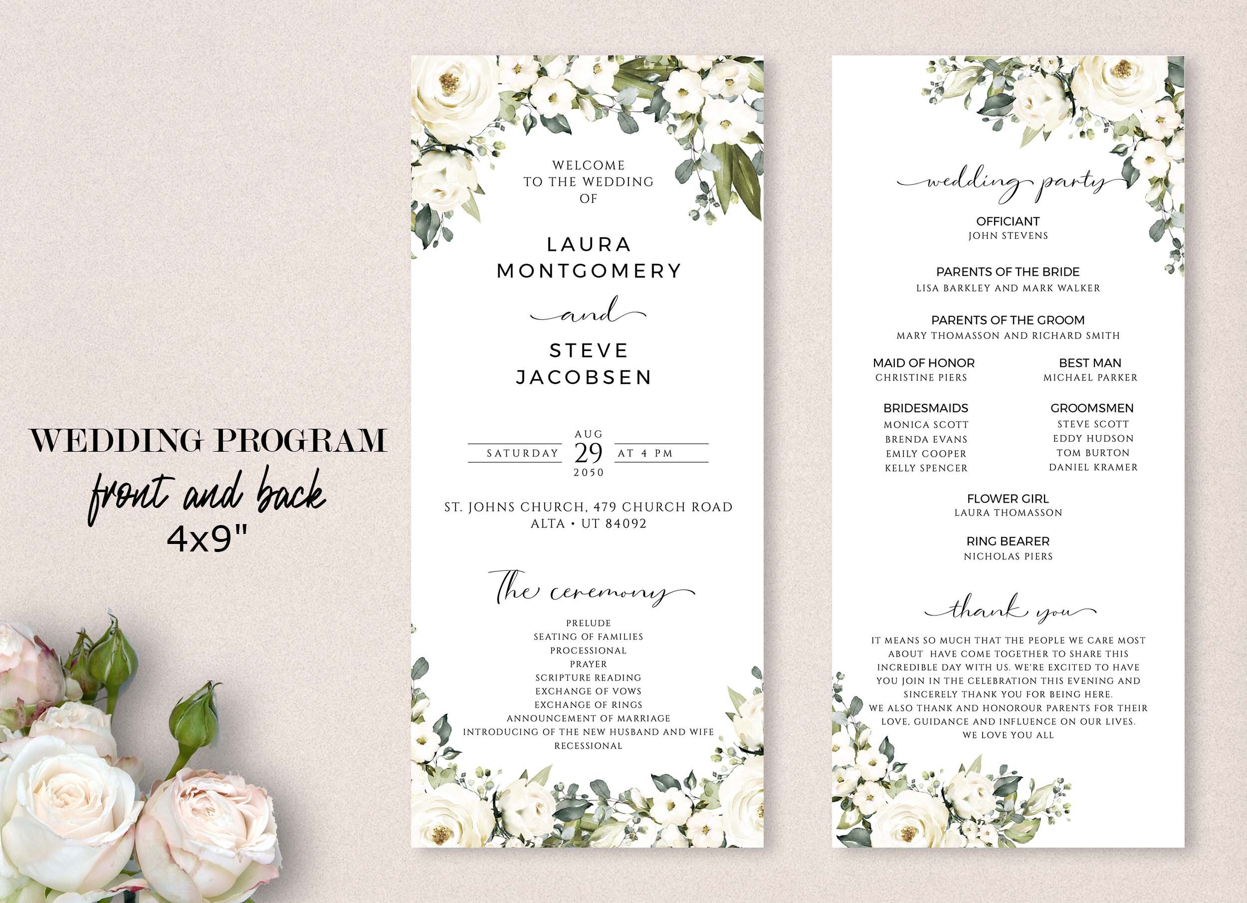 White Floral Wedding Program Template, INSTANT DOWNLOAD, Cream White ...