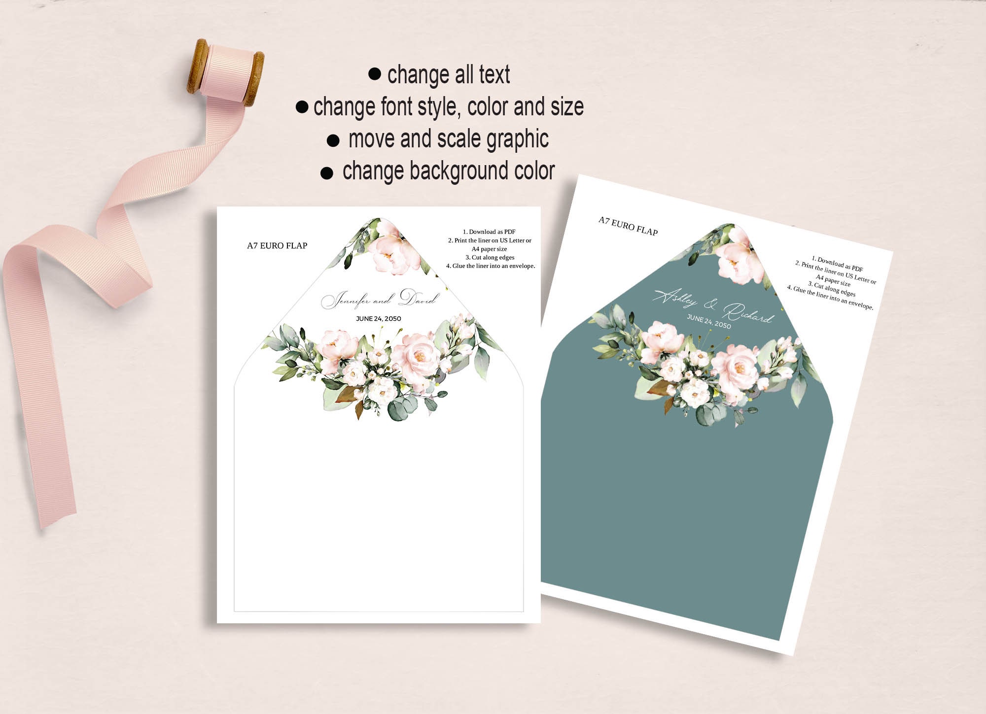 EDEN - Floral A7 Wedding Envelope Liner Template With Pink Roses, A7 ...