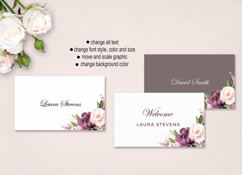 Editable Place Cards Template, INSTANT DOWNLOAD, Mauve Pink and Pale ...