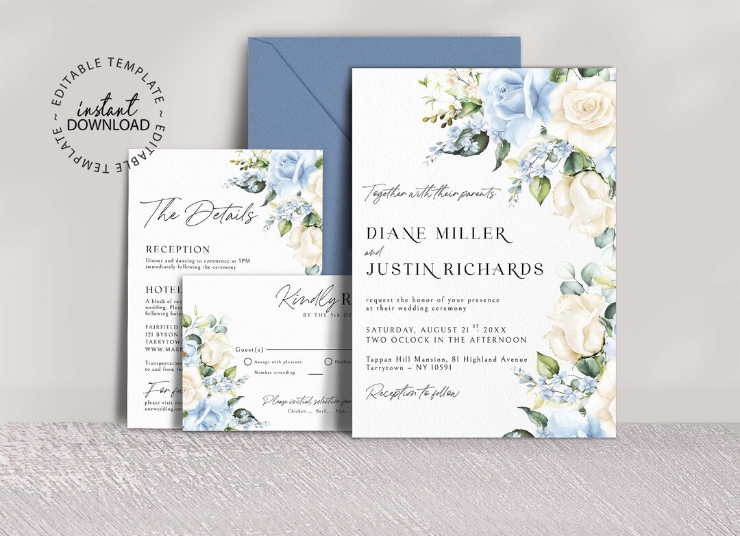 Editable Pale Blue and Cream White Wedding Invitation Set, INSTANT ...