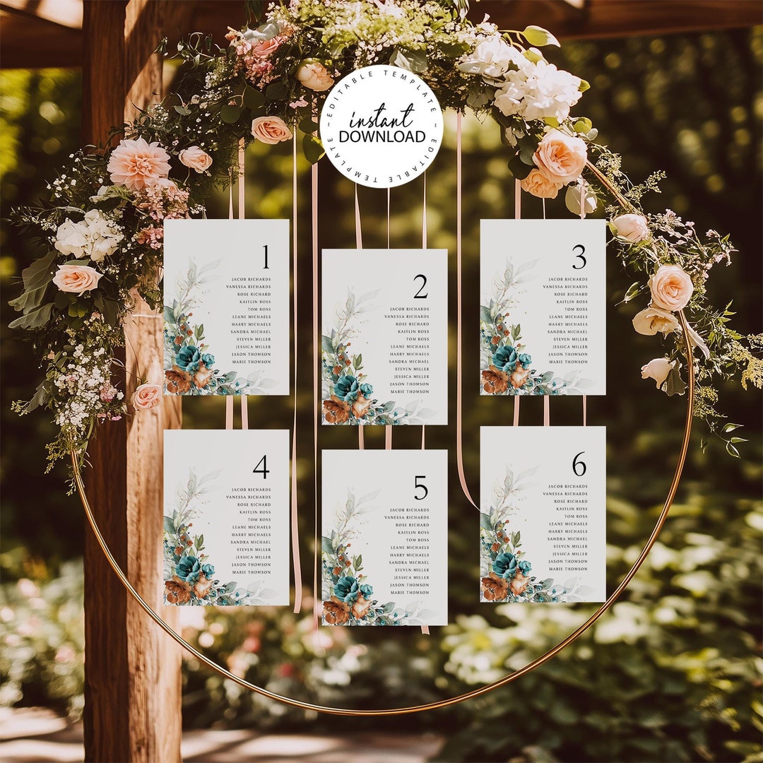 Editable Wedding Seating Chart, Teal and Orange Floral Table Plan ...