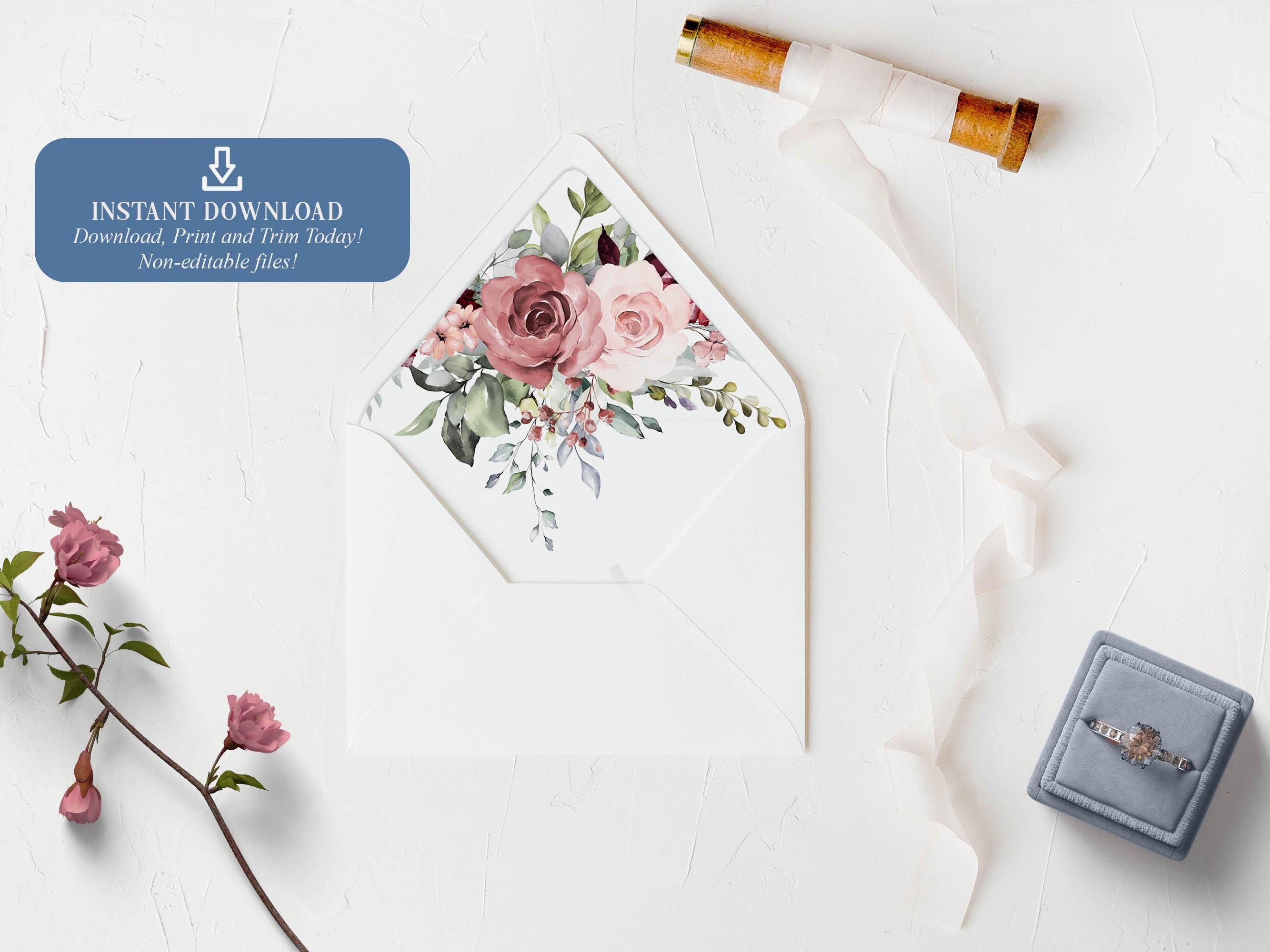 THEA - Floral A7 Wedding Envelope Liner Template With Pink Roses, A7 ...