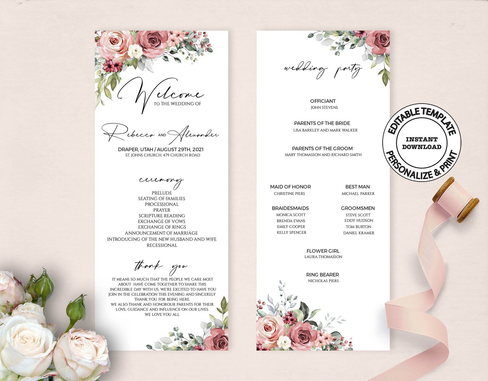 Editable Floral Wedding Program Template INSTANT DOWNLOAD | Etsy