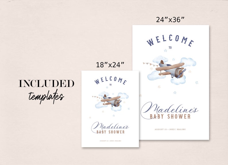 Editable Welcome Sign, Baby Shower Blue Airplane Welcome Sign Template ...