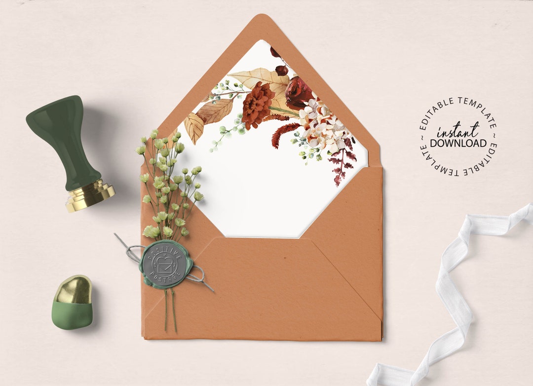 SCARLETT - Fall Floral A7 Wedding Envelope Liner Template, A7 Euro Flap ...
