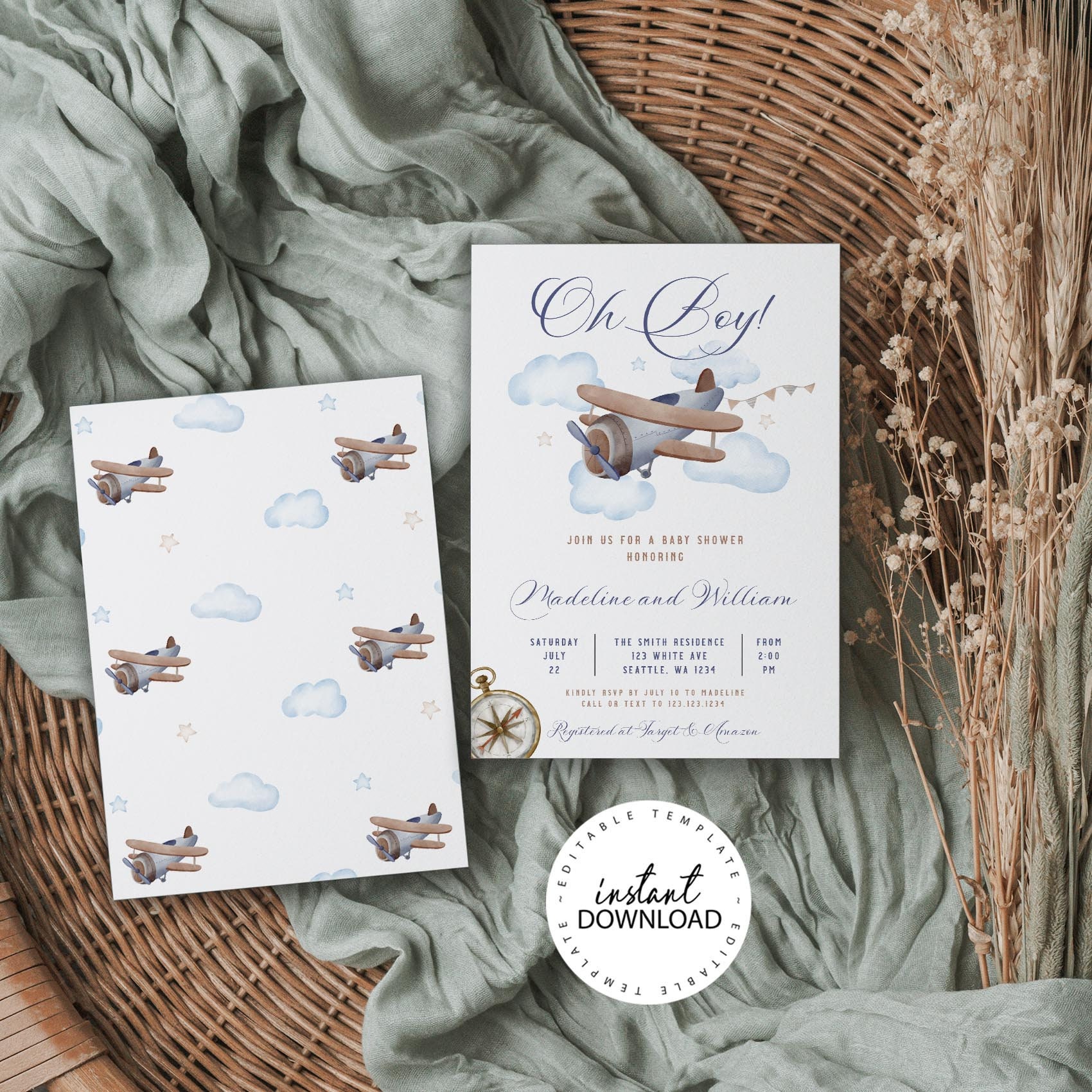 Editable Airplane Baby Shower Invitation, Travel Adventure Baby Boy ...