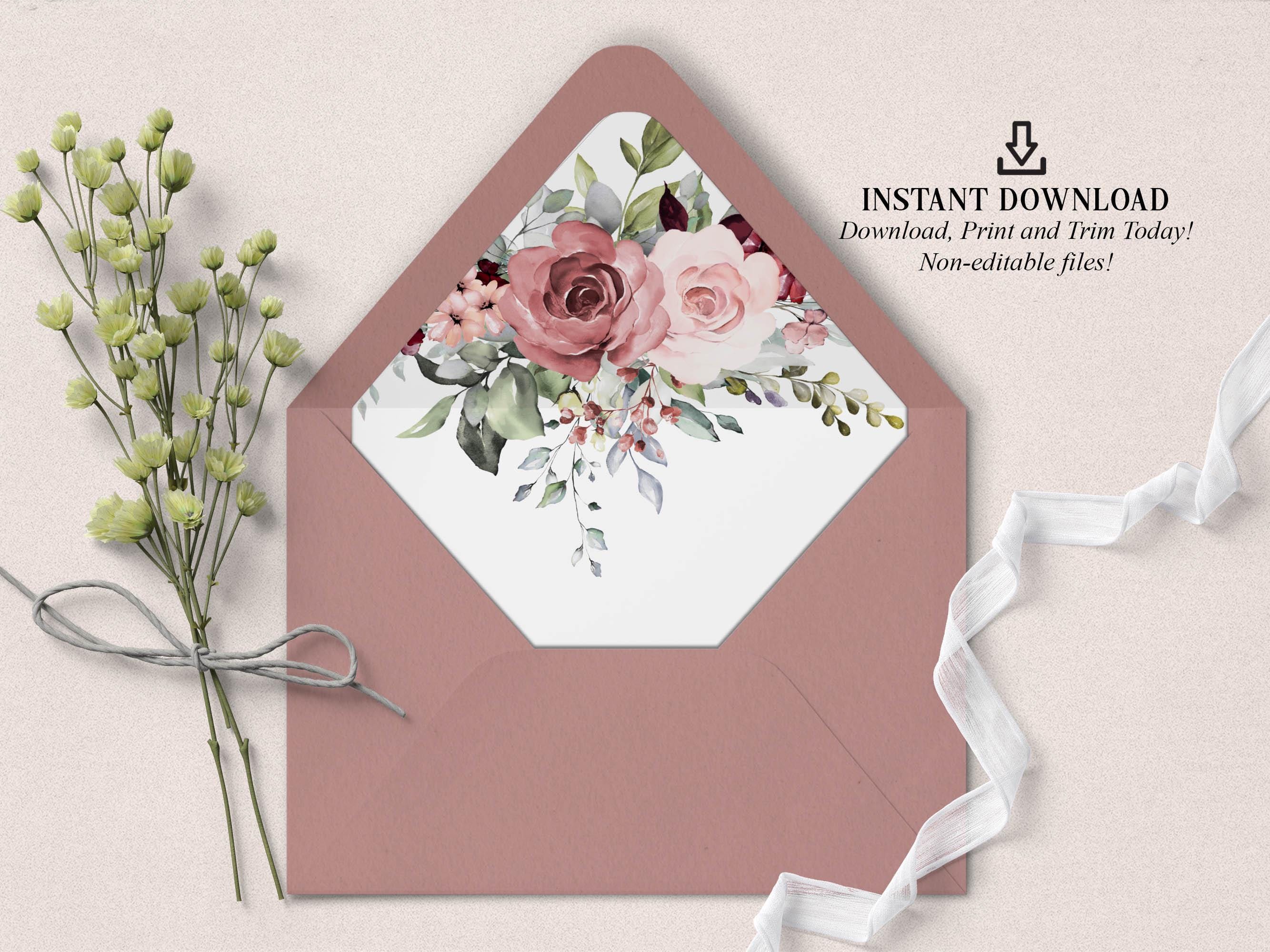 THEA - Floral A7 Wedding Envelope Liner Template With Pink Roses, A7 ...