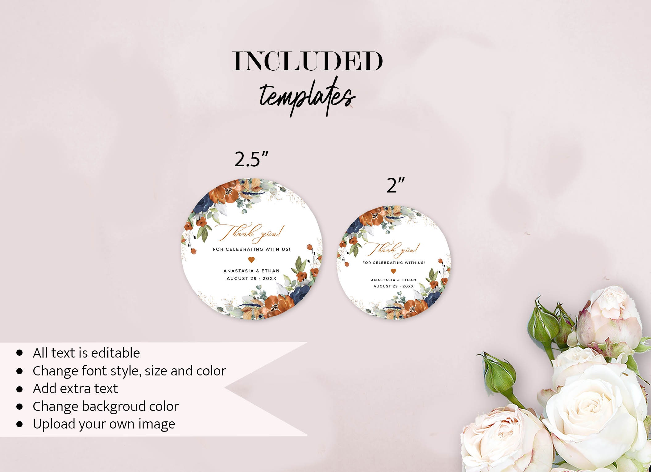 SIA - Editable Round Favor Tag Template, Floral Burnt Orange and Blue ...