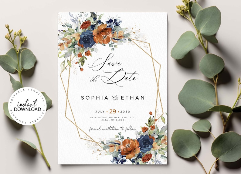 SIA - Orange and Blue Floral Save the Date, Editable Terracotta and ...